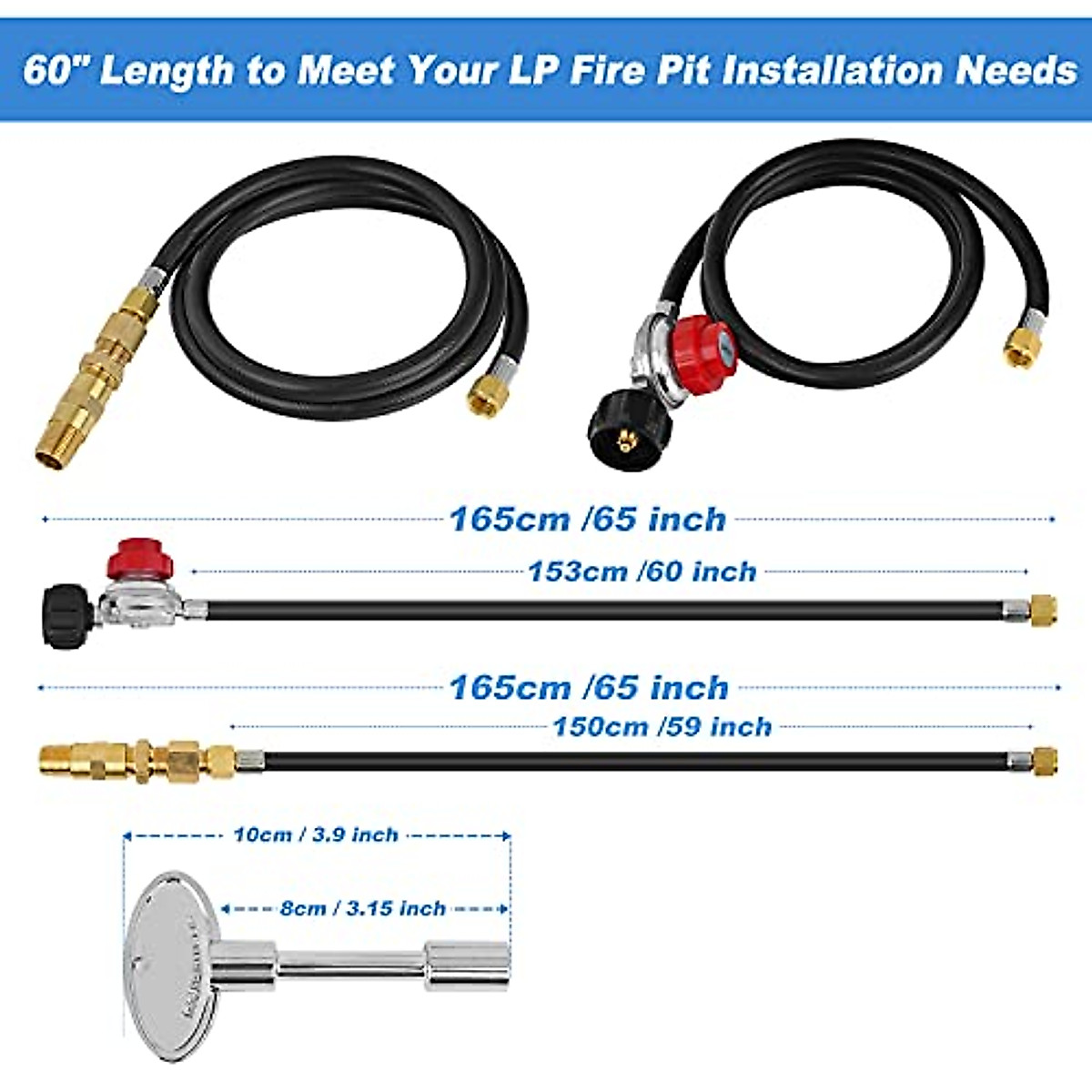 Skyflame LP Burner Connection Kit, Propane Fire Pit Replacement Parts with 1/2" Control Valve Key Set, 0~30PSI Adjustable Gas Pressure Regulator Hose, 60" Connect Hose, 150K Brass Air-Mixer