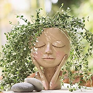 AIMEBBY Face Flower Pot Head Planter Pot Succulent Planter Cute Resin Cactus Planter with Drainage Hole Closed Eyes