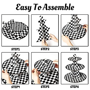 Haooryx 7Pcs Checkered Cupcake Stand Set, 2 Black White Checkered 3-Tier Cupcake Tower Cardboard Dessert Holder 1 Round Cake Stand Platters 4 Rectangle Serving Tray for Theme Birthday Party Supplies