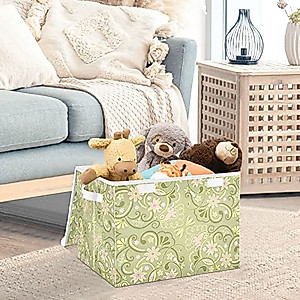 stargrass Foldable Storage Bin Fabric Decorative Storage Box with Lid and Handles,Green Flower Totem Collapsible Storage Basket 11.8x12.6x16.5 Inch