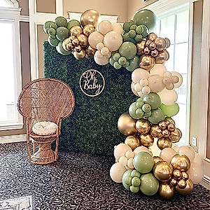 HOOBALON Sage Green Balloon Garland Arch Kit - Jungle Balloons Garland Kit-154pcs White Sand Chrome Metallic Gold Balloons for Oh Baby Shower Party Decorations
