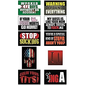 America First Funny Adult Hard Hat Stickers. 10 Pack with Skull and Slogans for Laugh at Work. Hilarious Decals for Helmet, Construction, Mechanic, Union, Welder, Tool Box, Union, Military, Veterans. Made in USA!