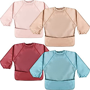 Janmercy 4 Pcs Long Sleeve Baby Bibs, Eating Bib for Toddlers Waterproof Baby Feeding Smock with Food Catcher, Machine Washable
