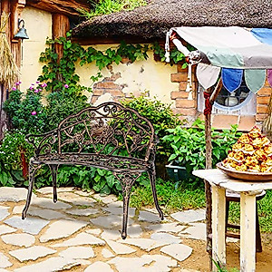 GOODSILO Outdoor Garden Bench Powder Coated Cast Aluminum Iron Patio Bench with Rose Backrest, Seat Surface, Legs for Porch Benches Outdoor, Park, Courtyard, Backyard 38.5 Inch Wide Bronze