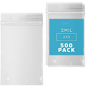 GPI Clear Plastic Reclosable ZIP Poly Bags, Case of 500, 2-mil Thick, 2 Inch x 3 Inch, For Travel, Storage, Shipping