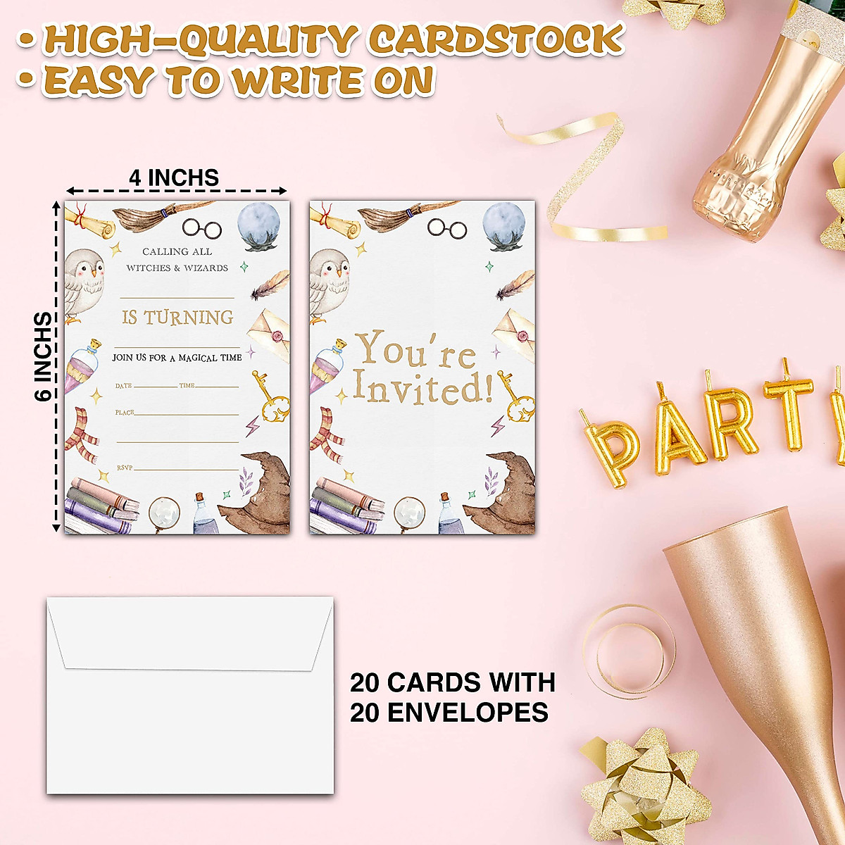 Chuxvon Magical Wizard Birthday Party Invitations, Retro Birthday Invitation, Double-Sided Fill In Invites, Magical School Birthday Party Decorations, 20 Cards With 20 Envelopes(D10)