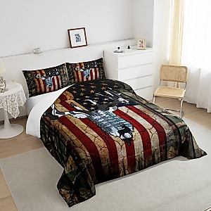 Feelyou Green Camo American Flag Bedding Set Deer Antlers Animal Hunting Camo Comforter Comforter Set Army Camouflage Camping Duvet Set Twin Size with 1 Pillow Case Boys