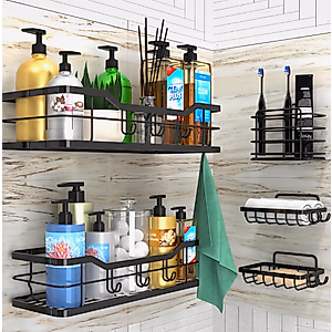 BIG TOMATO Shower Caddy, 5Pcs Self Adhesive, Rustproof Black Bathroom Shower Organizer w/ 8 Hooks, Soap Bar Holder & Toothbrush Holder, Drill-Free Shower Racks Organization & Kitchen Storage