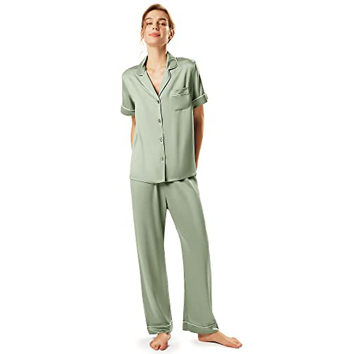 AW BRIDAL Silk Pajamas for Women Satin Pajama Set Button Up Bride Bridesmaid Pajamas Sleepwear Loungewear, Sage Green M