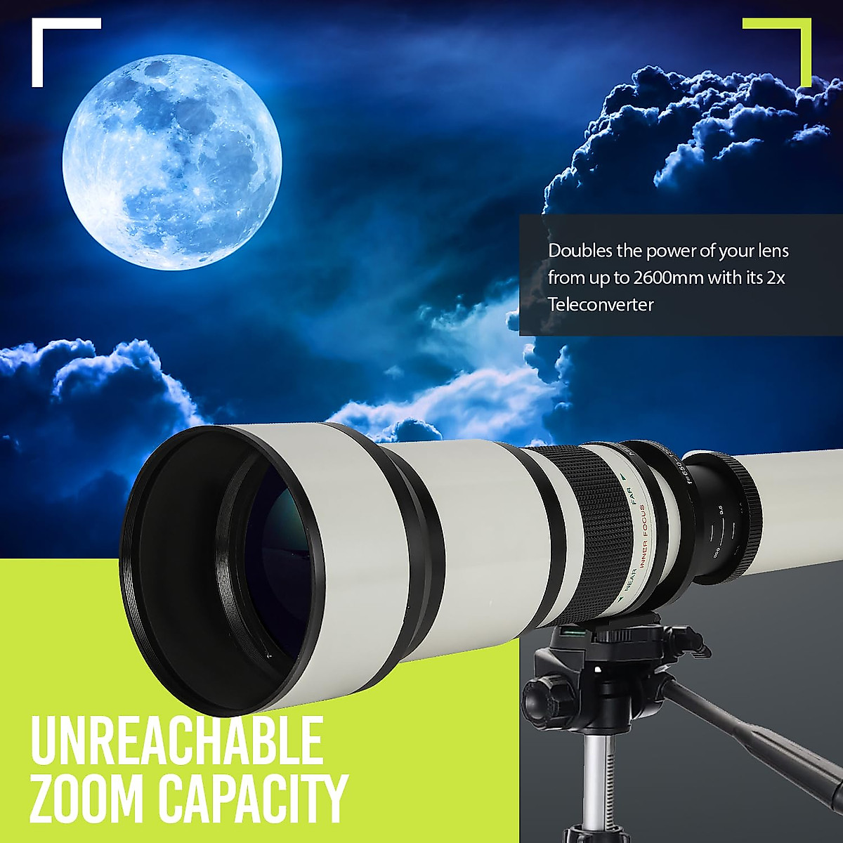 High-Power 650-2600mm f/8 Manual Telephoto Lens for Canon EOS 80D, 90D, Rebel T3i, T5, T6i, T7, T8i, SL3, 60D, 70D, 5D, 6D II, 7D II SLR Cameras - White