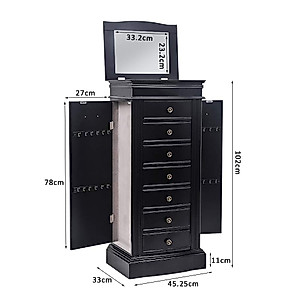 EEBUIHUI Standing Jewelry Armoire Cabinet Storage Chest with 7 Drawers, 2 Swing Doors, 24 Necklace Hooks, Makeup Mirror Storage Organizer, Large Standing Jewelry Armoire (Black)