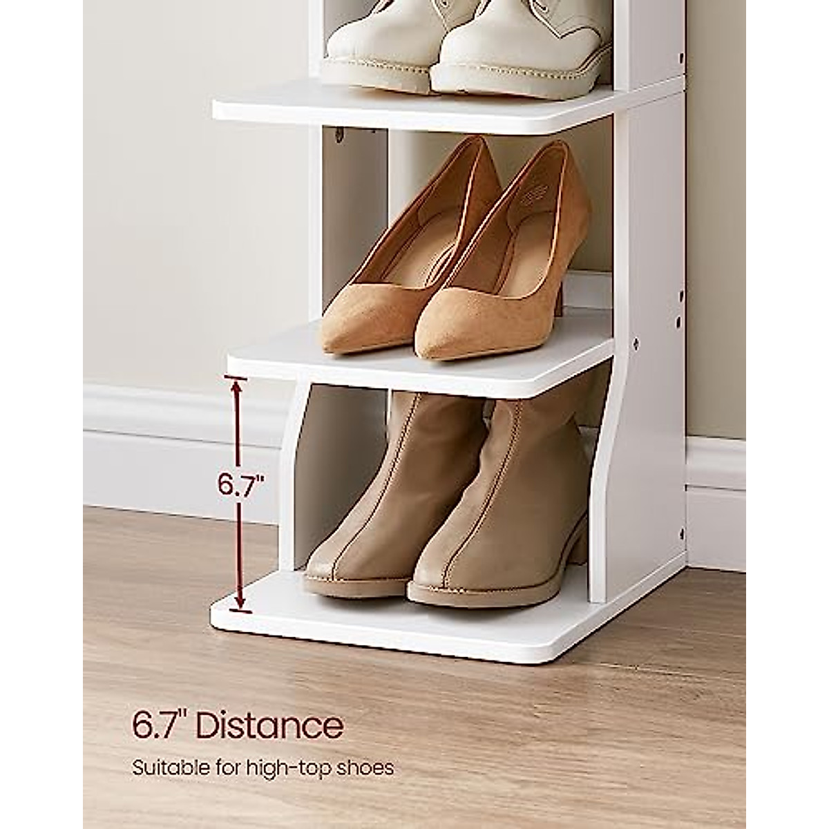 VASAGLE 7 Tier Vertical Shoe Rack, Narrow Shoe Storage Organizer with Hooks, Slim Wooden Corner Shoe Tower Rack, Robust and Durable, Space Saving for Entryway and Bedroom, White ULBS200T14