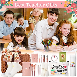 Reallnaive 11 Pcs Teacher Gifts for Women Appreciation Graduation Thank You Gift Include Tumbler, Basket, Ribbon, Bracelet, Card, Towel, Makeup Bag, Plant, Makeup Brushes, Nail Clippers, Socks