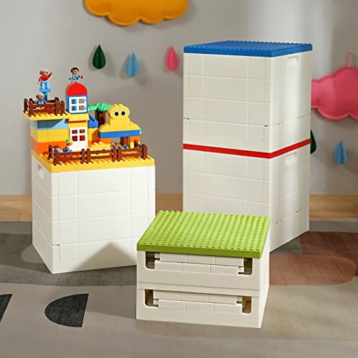 SHIMOYAMA Folding Duplo Storage Box, 2 Pack, 25L Storage Bin with Building Lid, 26 Qt. Collapsible Organizer for Duplo Blocks, Green and Blue