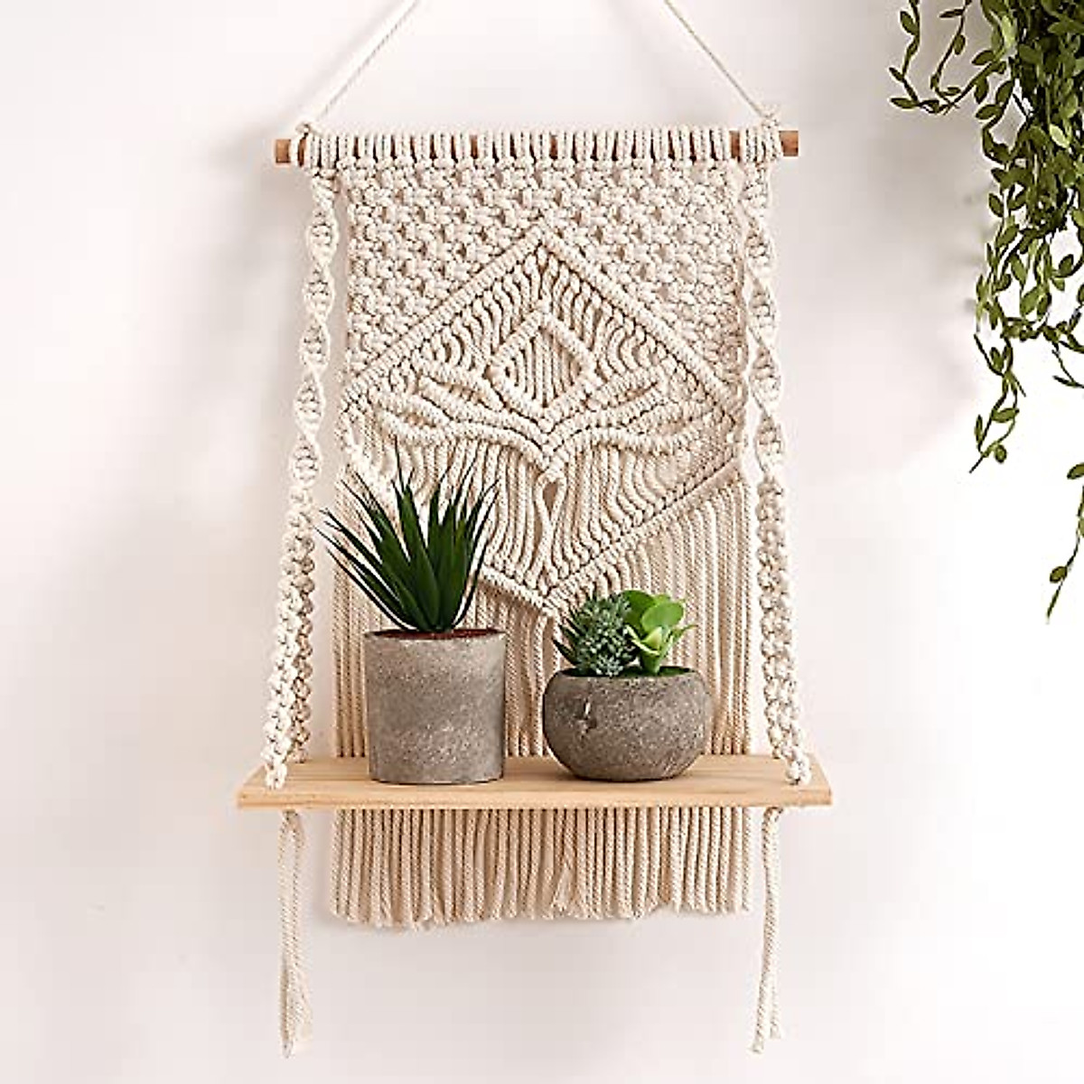 Walbest Macrame Wall Hanging Shelf Decor - Macrame Plant Hanger Boho Wall Decor, Boho Hanging Floating Wall Shelves for Wall Storage Beige