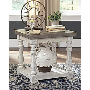Signature Design by Ashley Havalance Farmhouse Square End Table with Floor Shelf, Vintage Gray & White with Weathered Finish