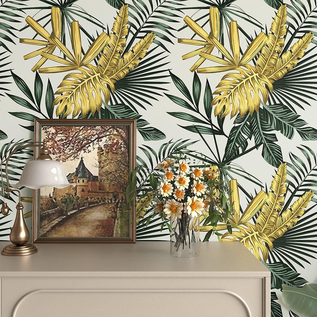WESTICK Green Gold Botanical Wallpaper 17.5" x 118" Tropical Wallpaper Stick and Peel Floral Contact Paper for Walls Self Adhesive Leaf Wallpaper for Bedroom Kitchen Cabinet RV Countertops