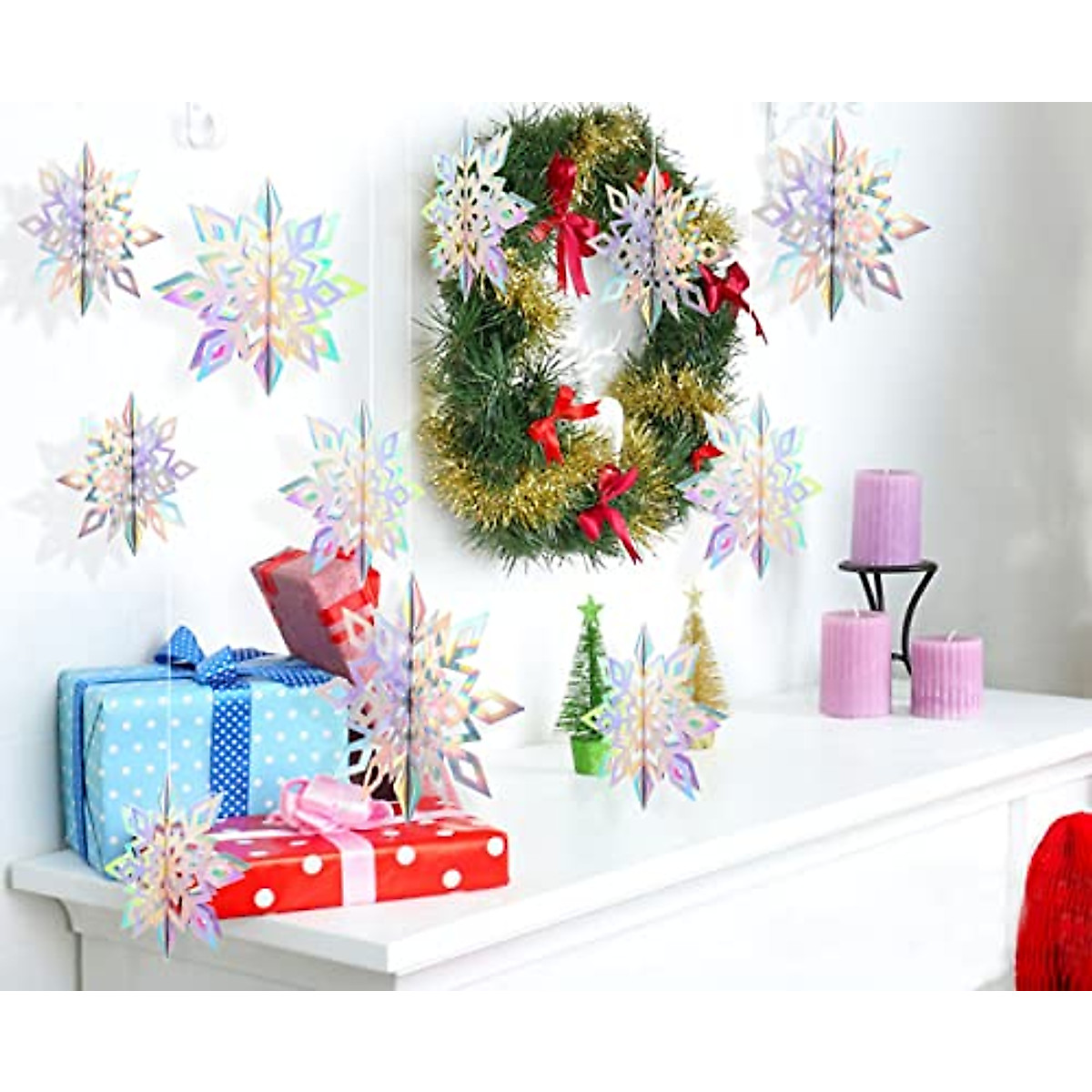 Christmas Hanging Snowflakes Decorations 15 Pack 3D Iridescent Paper Snowflakes Rainbow Snow Flakes Garland for Winter Wonderland Holiday Frozen Christmas Birthday Party Decorations Supplies
