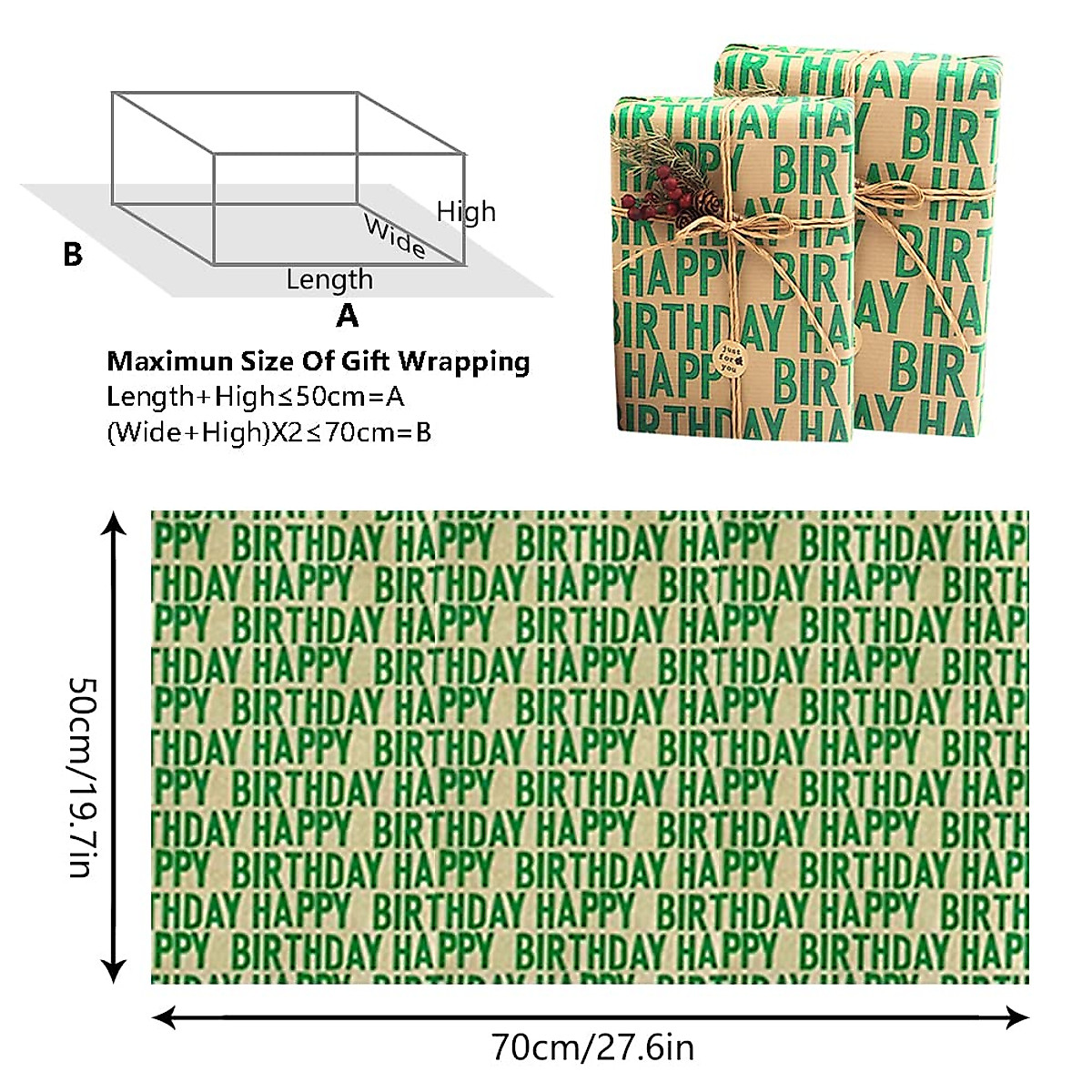 WDNUKEE Happy Birthday Wrapping Paper for Kids Girls Women Adults Boys Men,7 Sheets Classic Vintage Cowhide Birthday Gift Wrapping Paper,Birthday Wrapping Paper Folded Flat 20x28 inches each