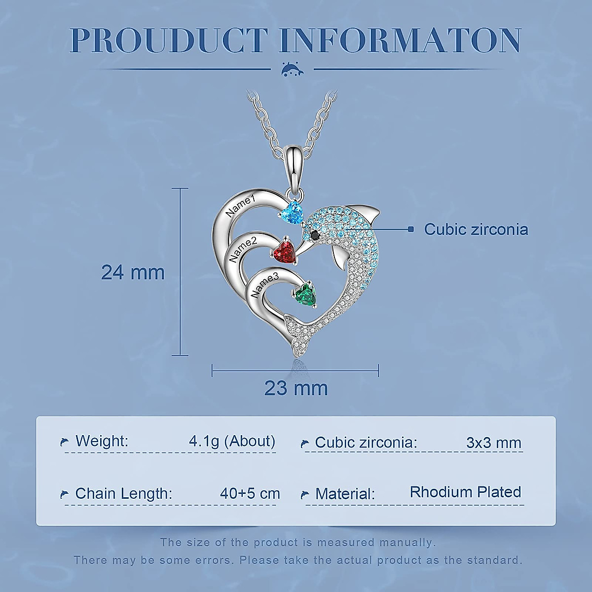 JewelOra Gifts for Mom Personalized Dolphin Necklace Customized Heart Necklace with Simulated Birthstone Engraved Name Necklace Pendant for Women Mom Cute Dolphin Animal Jewelry Gift(3 name)