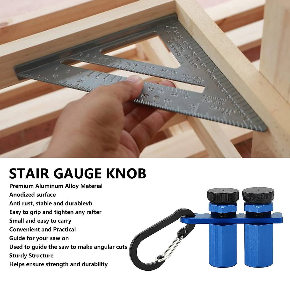 Stair Gauge Knob, Aluminum Alloy Stair Gauge with Holder and Carabiner Professional Stair Stringer Layout Tool for Circular Saw Carpentry Squares
