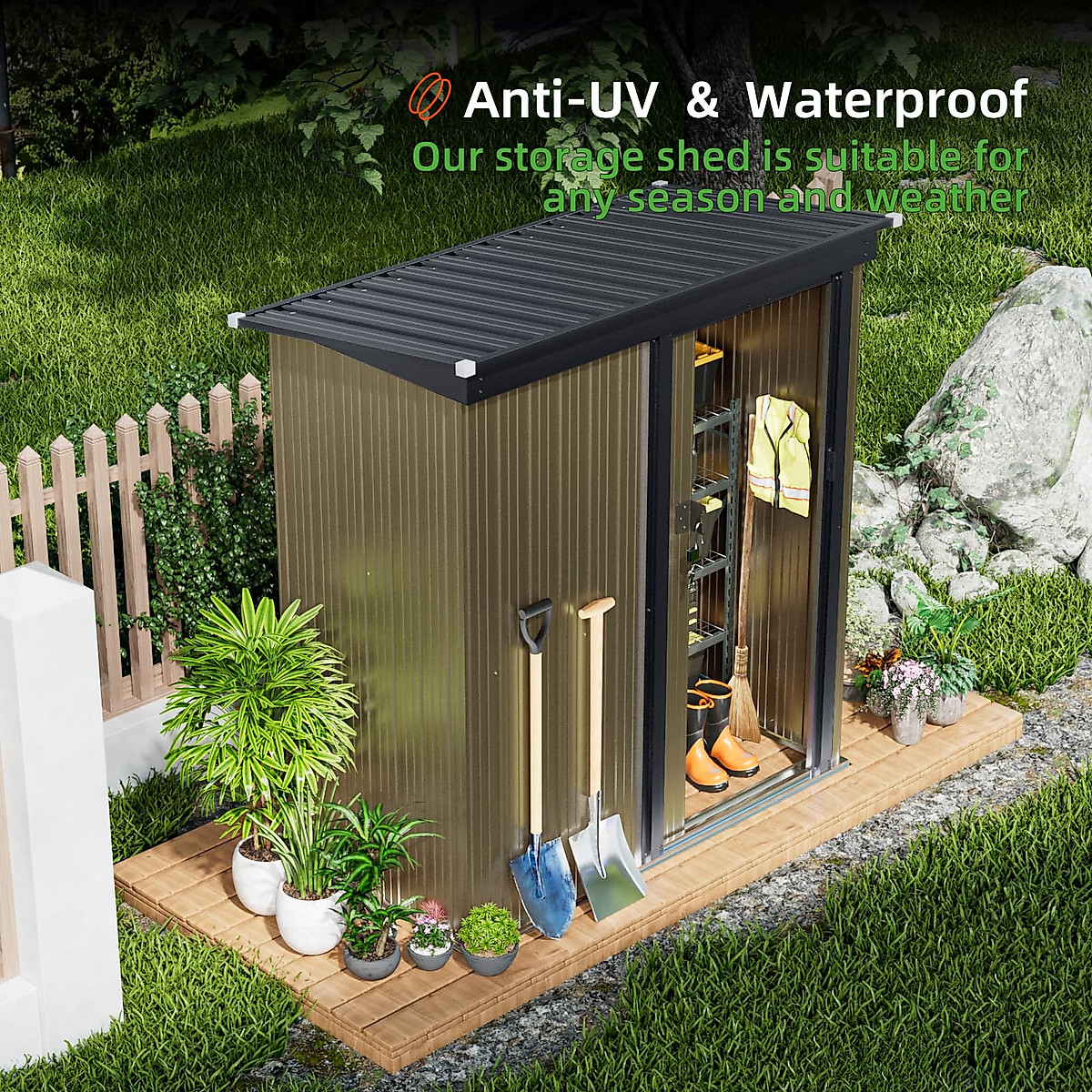 Outdoor Metal Shed 5FTx3FT, Mini Weather Resistant Tool Storage Sheds with Lockable Door, Sloped Roof Storage Shed, Perfect for Backyard, Garden & Lawn(Brown)