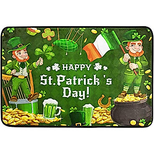 Clovers Leprechaun Ireland Flag Door Mats Golden Coins Beer Floor Mat Indoor Outdoor Entrance Bathroom Doormat Non Slip Washable Spring Welcome Mats St Patrick's Day Home Decor 23.6 x 15.7 inch