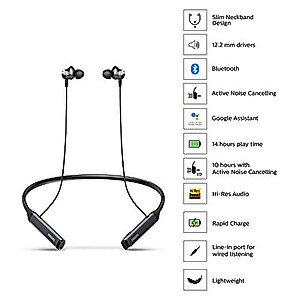 Philips Audio Wireless Neckband Headphones PN505 with Active Noise Canceling, Voice Assistance, Up to 14hours Play time, Hi-Res Audio (TAPN505BK), Black (Renewed)