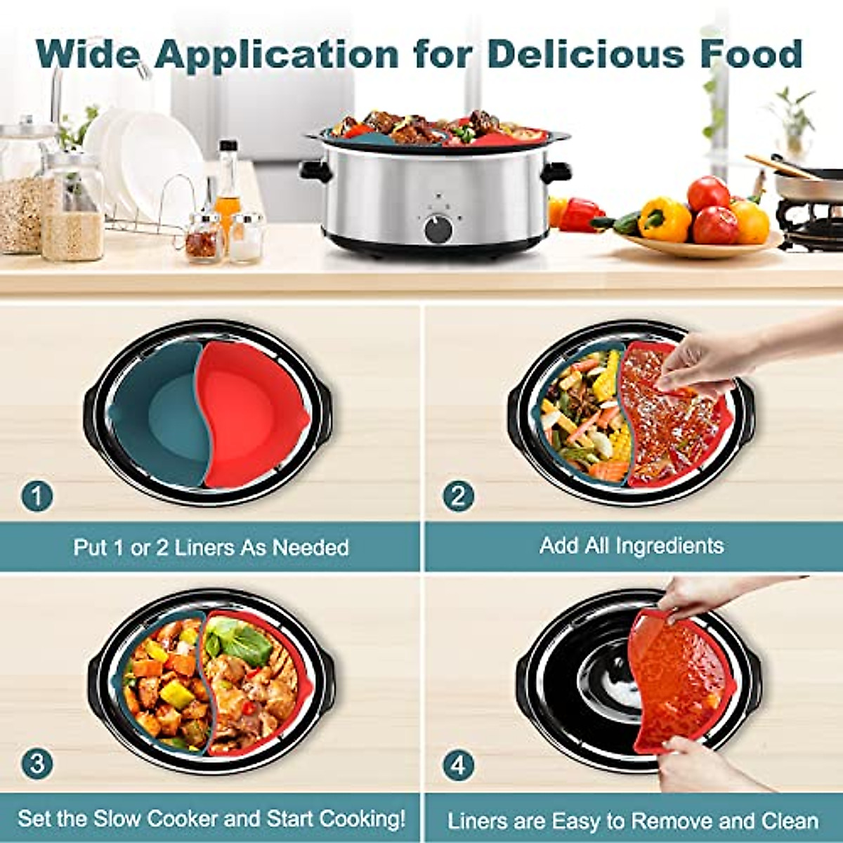 Dompion Silicone Slow Cooker Liners, Reusable 2 Divider Insert Fits for Crock-pot Oval 6 QT Slow Cooker, Dishwasher Safe, Easy Cleanup, Food-Grade BPA Free Cooking Liners for Most 6 QT Slow Cooker
