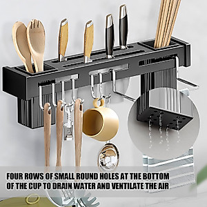 16In Stainless Steel Kitchen Knife Holder Wall Mounted with Hooks, Heavy Duty Adhesive Knife Strip for Wall, Kitchen Knife Storage Block, Knife Rack Organizer for Hanging Spoon Chopsticks (40cm)