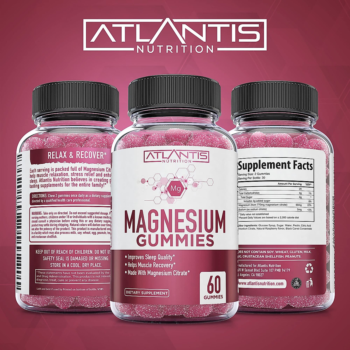Atlantis Nutrition Magnesium Gummies | 770 MG Magnesium Citrate | Helps Muscle Recover & Relieves Cramps, Promotes Calmness, Improves Sleep Quality | Formulated for Adults & Kids | 60 Vegan Gummies