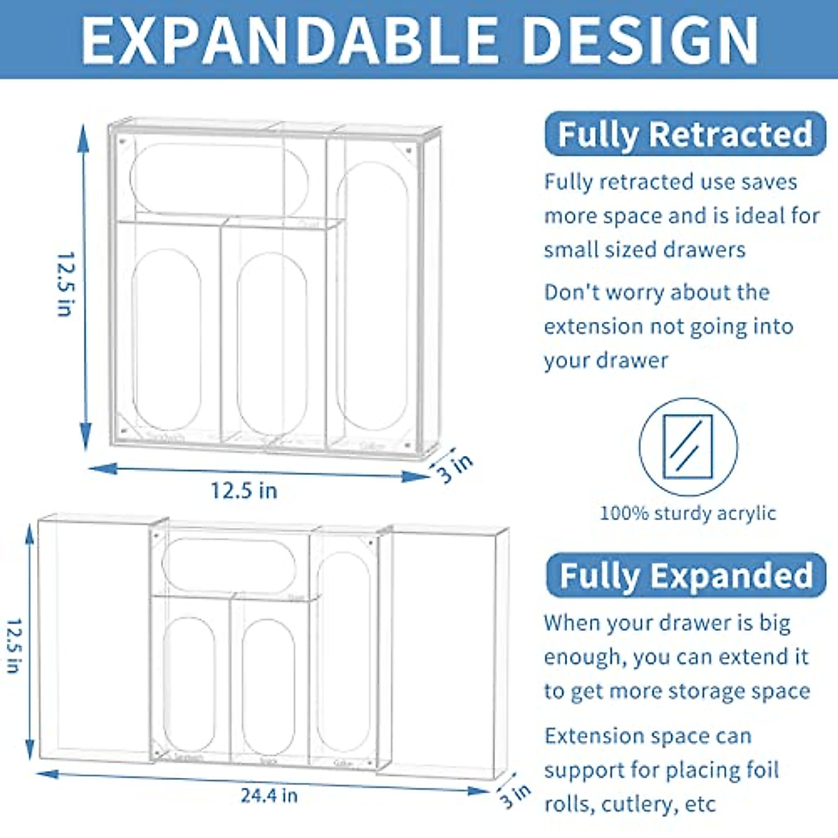 NPPLUS Bag Storage Organizer, Acrylic Expandable Kitchen Drawer Holder, Premium Food Storage Bags Dispenser For Gallon, Quart, Sandwich, Snack Freezer Bags and Fits 12" Length Wrap Rolls