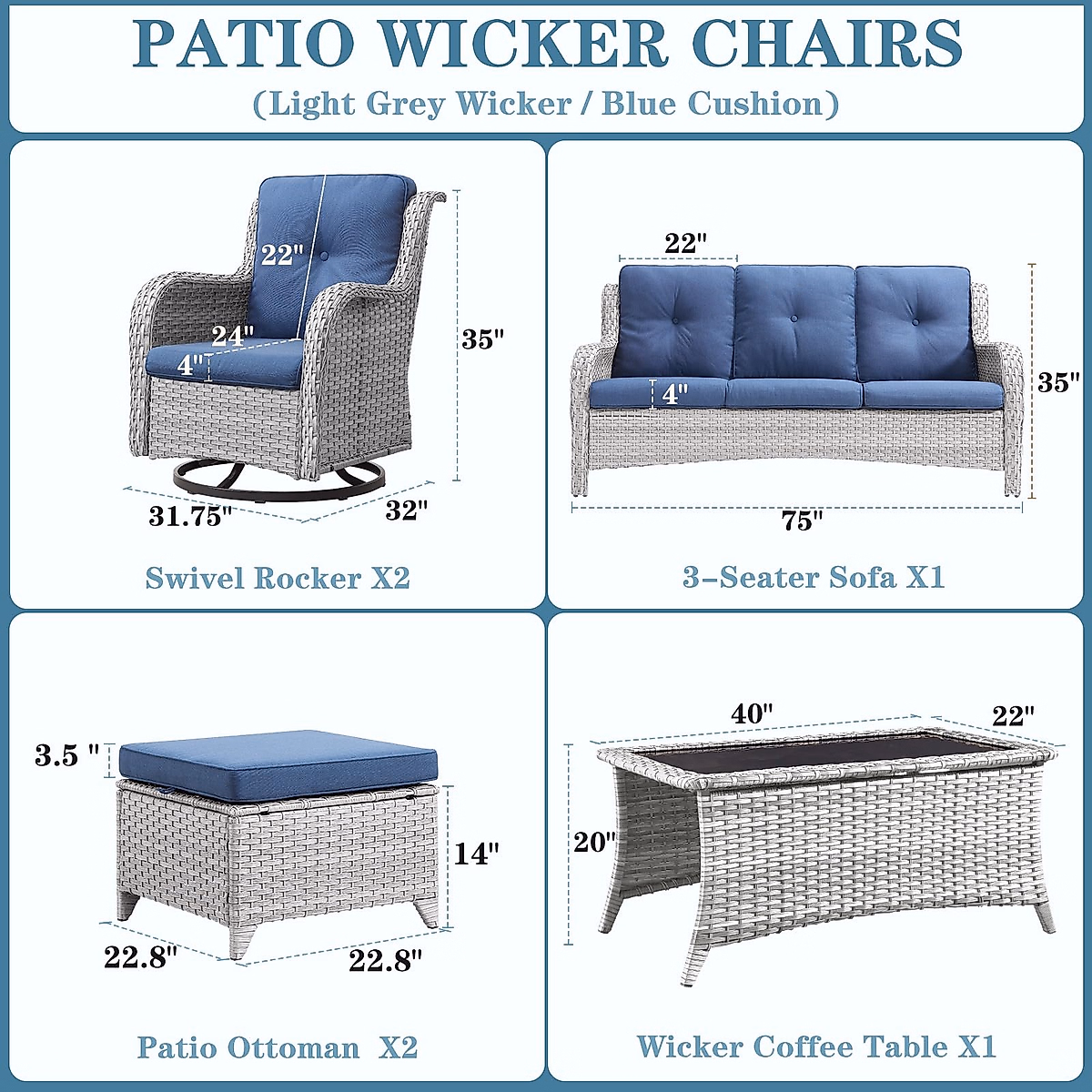 Artfurniz Wicker Patio Furniture Set: 6 Piece Outdoor Conversation Sets with Swivel Rocker Chairs, Patio Couch, Ottomans and Coffee Table for Porch Balcony Garden, Light Grey