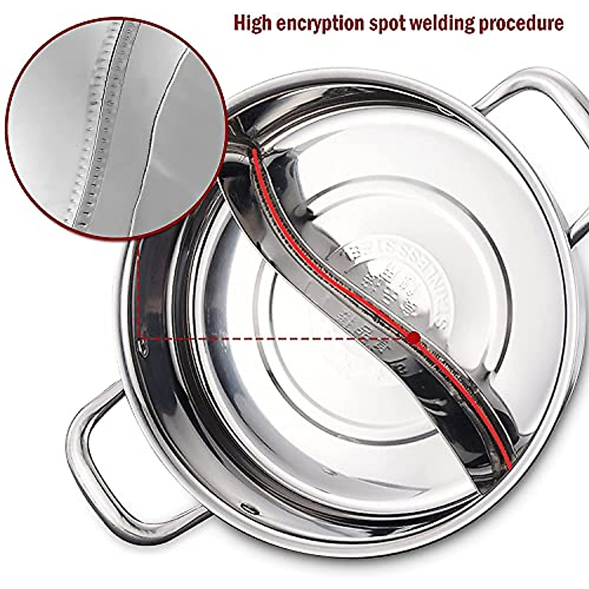 Panghuhu88 11inch Hot Pot with Divider Lid Stainless Steel Shabu Shabu Pot for Induction Cooktop Gas Stove Kitchen Cooker, Dual Sided Soup Cookware with 2 Soup Ladles