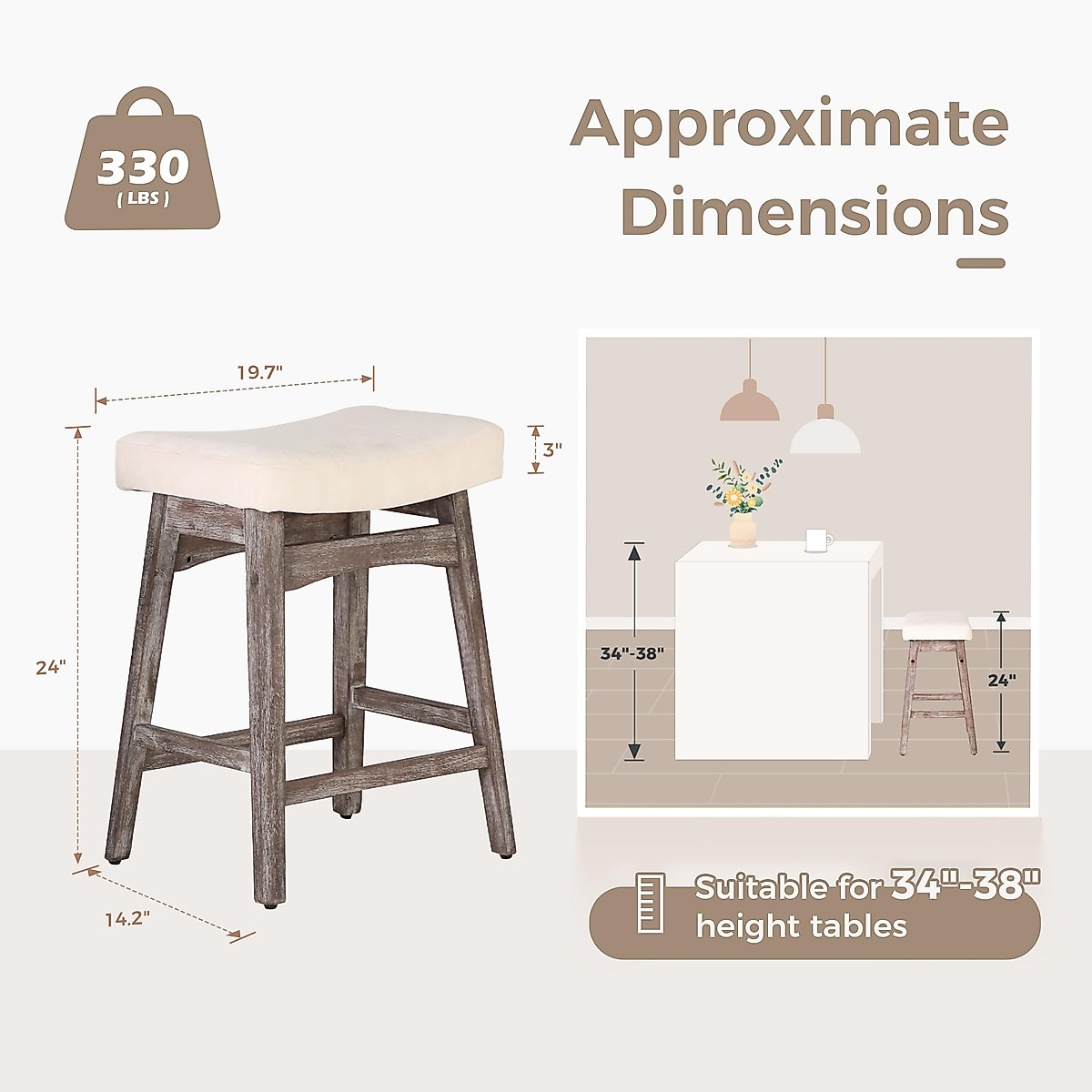 MAISON ARTS Counter Height Bar Stools Set of 2 for Kitchen Counter Solid Wood Legs with Fabric Saddle Seat Farmhouse Barstools for 34"-38" Counter Island Upholstered Stools, 24in, Creamy White