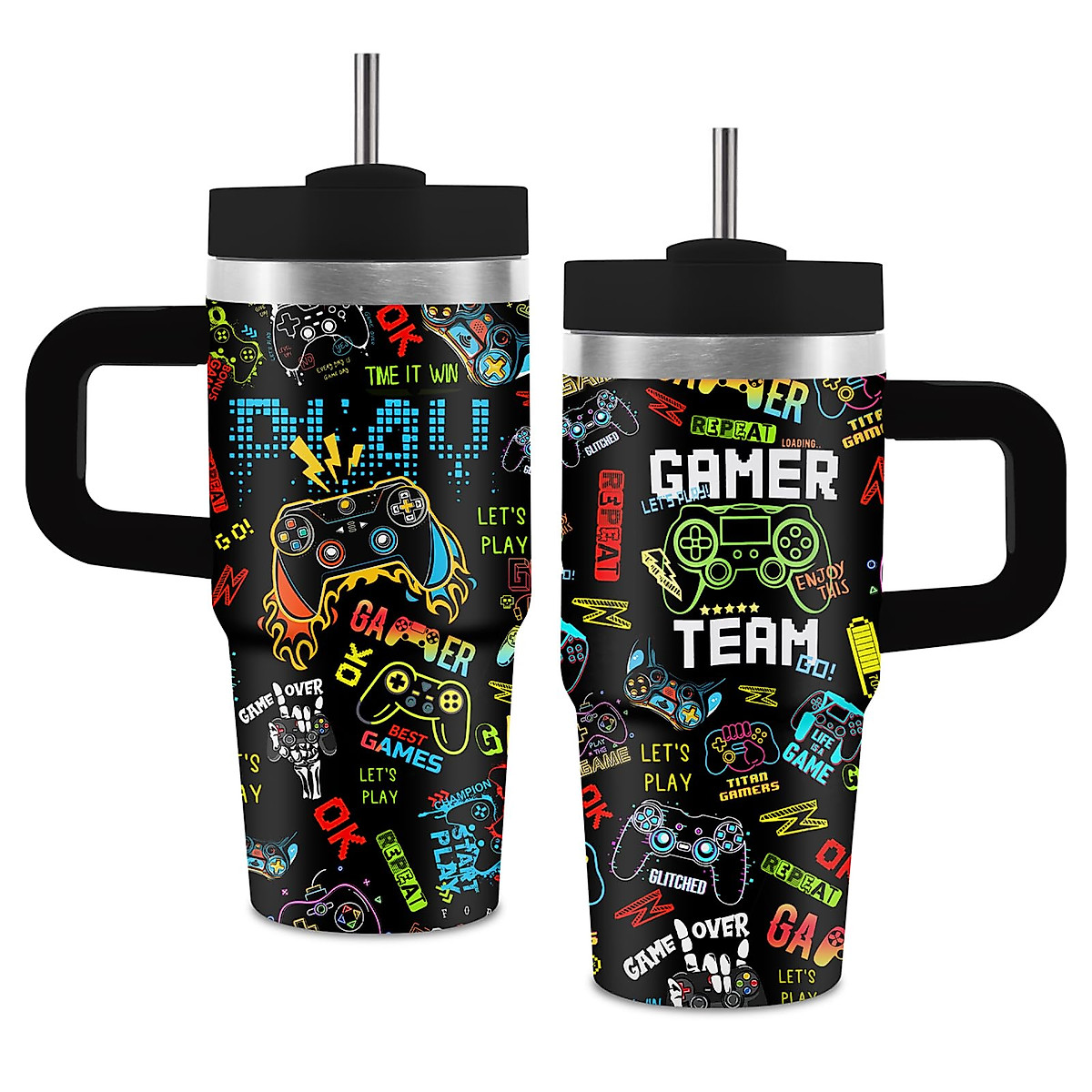 Gamer Gifts for Boys, 14 oz Game Tumbler with Handle and Straw for Kids, Gaming Mugs for Toddlers, Insulated Stainless Steel Leak Proof Tumbler for Gamer, Gaming Boys Gifts