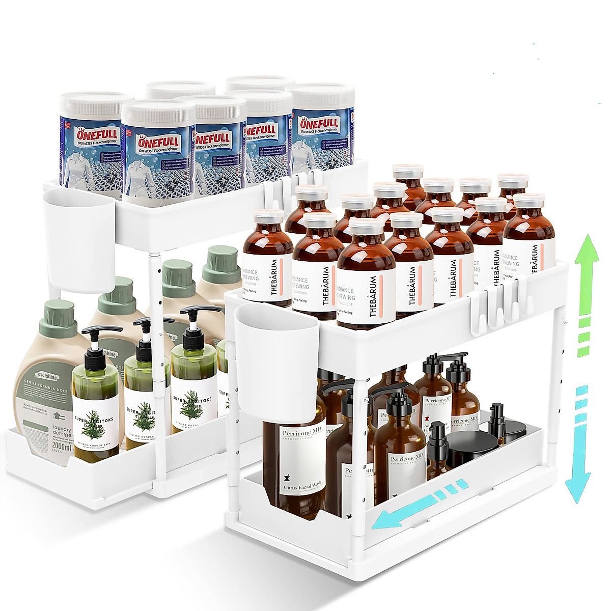 Under Sink Organizer, 2 PCS Adjustable Height Organizer Drawers 2 tier Multi-purpose Under Sliding Cabinet Basket, Kitchen Bathroom Cabinet Shelf Under Sink Organizers and Storage White