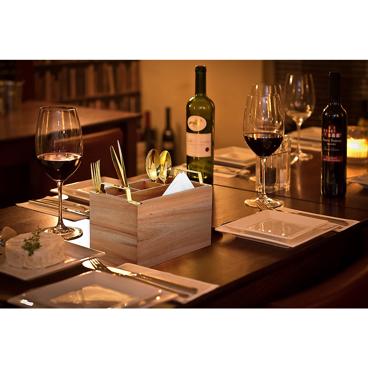 Spiretro Flatware Caddy - Silverware Utensil Holder - Condiment Organizer for Kitchen, Dining, Entertaining, Picnics - 4 Compartments - Solid Acacia Wood with Golden Metal Handle - Brown