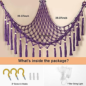 Razella Purple Stuffed Animal Net or Hammock with LED Light Net for Stuffed Animals Corner Plush Animal Storage Hammock for Wall Bedroom Living Boho Kids Room Decor