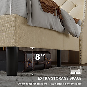 iPormis Full Bed Frame with 16" Comfort Wingback & Charging Station, Upholstered Platform Bed with Button Tufted Storage Headboard, Solid Wood Slats Support, No Box Spring Needed, Beige