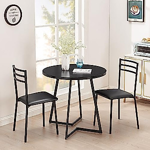 VECELO 3 Piece Kitchen Dining Room Set, Wood Round Table for Breakfast Nook Small Space, Dinette with 2 Cushioned Chairs, Matte Black