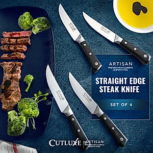 Cutluxe Steak Knives Set of 4, Straight Edge Steak Knife Set – Forged High Carbon German Steel, Full Tang, Ergonomic Handle Design – Artisan Series