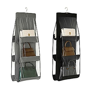 kamuavni 2 Pack Handbag Hanging Organizer,Thickened Non-Woven Fabric+PVC Pockets Hanging Purse Organizer Handbag Storage Hanger Organizer,Wardrobe Closet Space Saving Organizers (Black+Grey)