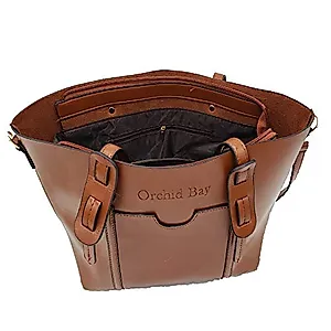 Orchid Bay - Women’s Vegan Leather Bucket Hobo Bag, Crossbody Purse, Top Handles and Shoulder Satchel, with Zipper. (Brown)