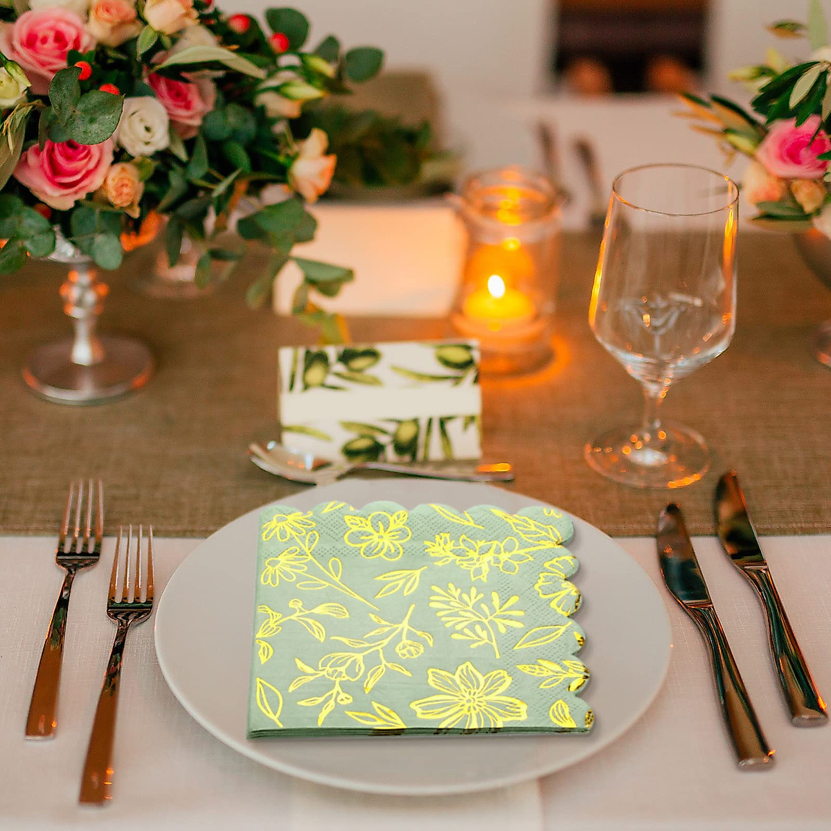 100 Pieces 2 Ply Sage Green Napkins Disposable Gold Foil Floral Paper Napkins Cocktail Napkins Scalloped Napkin for Dinner Wedding Bridal Shower Birthday Party Supplies Decoration, 5 x 5 Inch