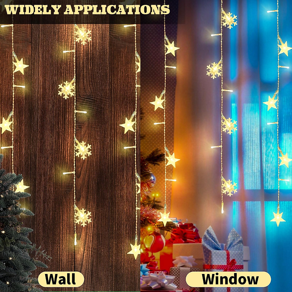 Newhale 8 Modes Christmas Curtain String Lights with Snowflake and Star, USB Plug in Wall Lights Christmas Decorations for Indoor or Outdoor, Christmas Window Lights Decor, Warm White
