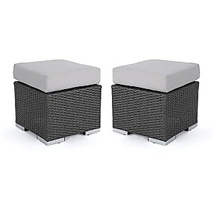 GDFStudio Outdoor 16 Inch Grey Wicker Ottoman Seat with Silver Water Resistant Cushion (Set of 2)