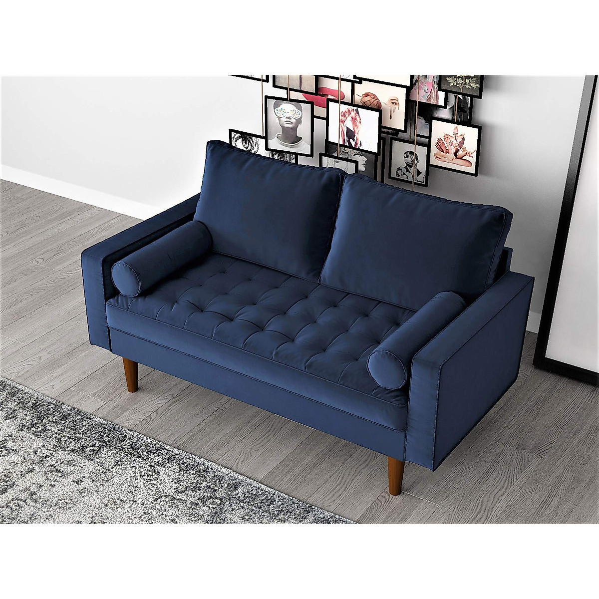 Container Furniture Direct Womble Velvet Upholstered Living Room Diamond Tufted Chesterfield Loveseat With Gleaming Nailhead, Space Blue