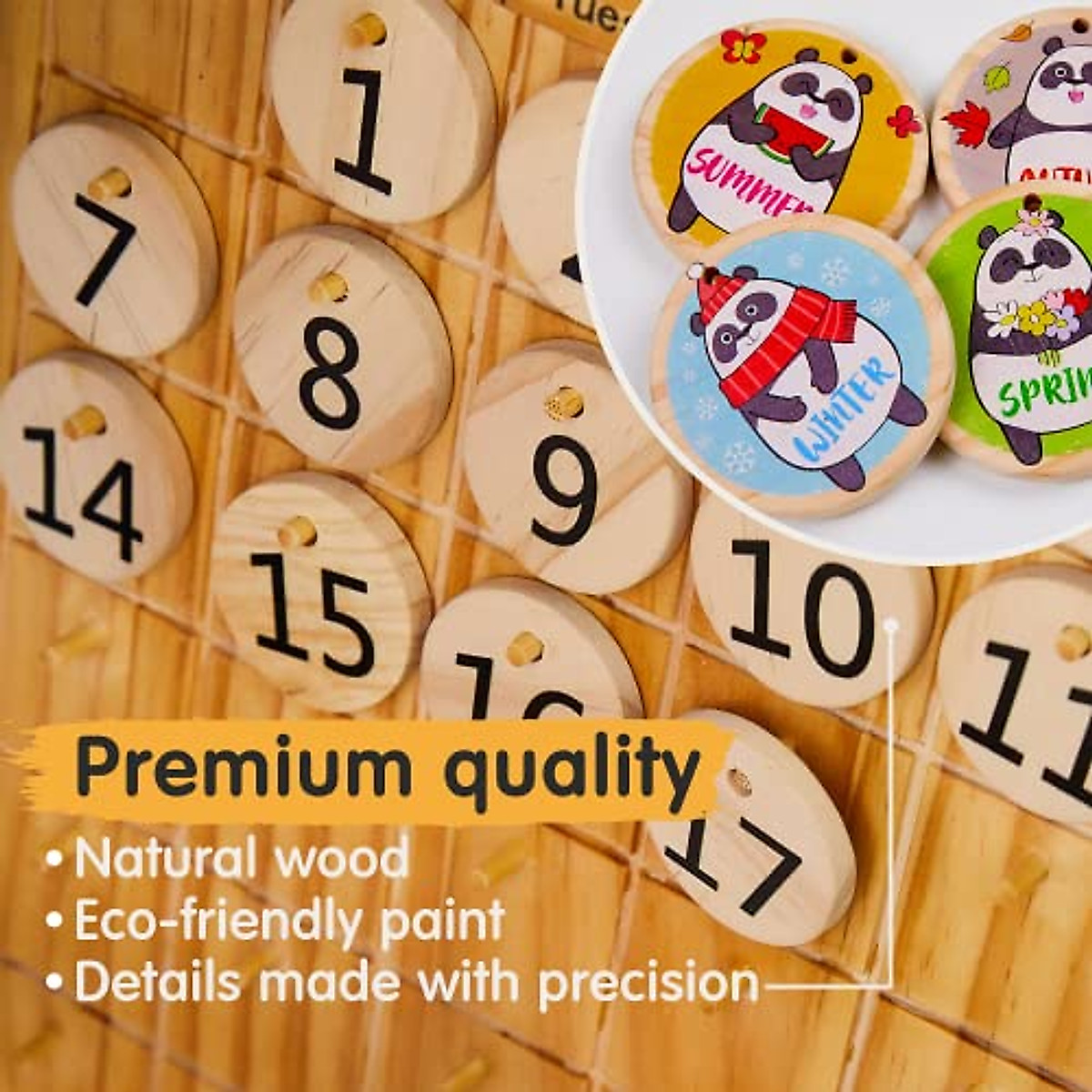 Panda Brothers Wooden Perpetual Calendar - Montessori Toy for Kids Learning Seasons, Months and Days of The Year, Preschool Calendar for Kids Learning at Home and Classroom Teaching, on Desk and Wall