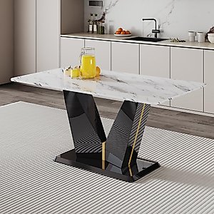 Pvillez 63 inch Marble Dining Table, Modern Dining Table for 4 6 People, Kitchen Table with Rectangular White Faux Marble Top & V Shape Pedestal Base Dinner Table for Dining Room Kitchen Living Room